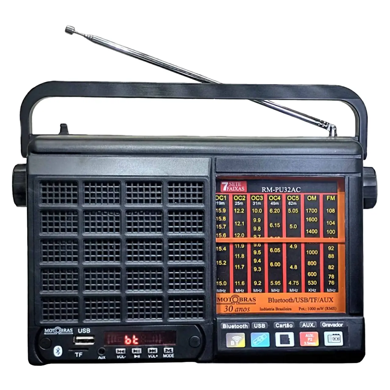 Rádio Portátil Motobrás RM-PU32AC 7 Faixas AM/FM/OC 1000W Bluetooth