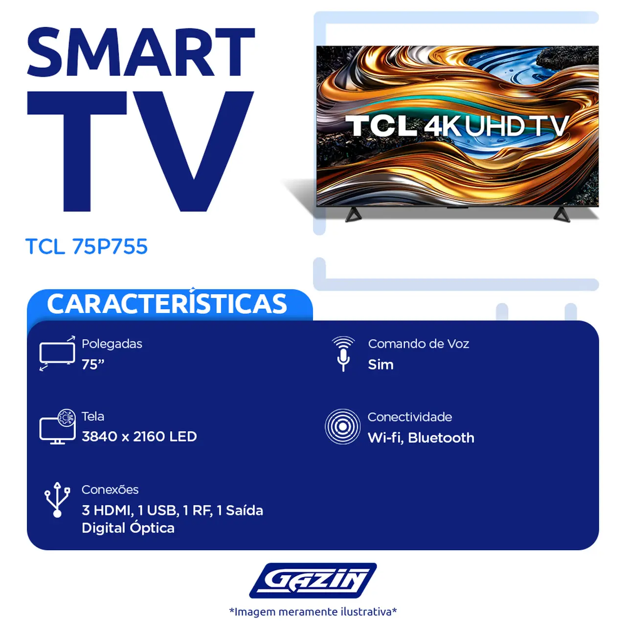Smart TV TCL LED 65” 4K UHD Wi-Fi HDR 10+ Google TV 75P755