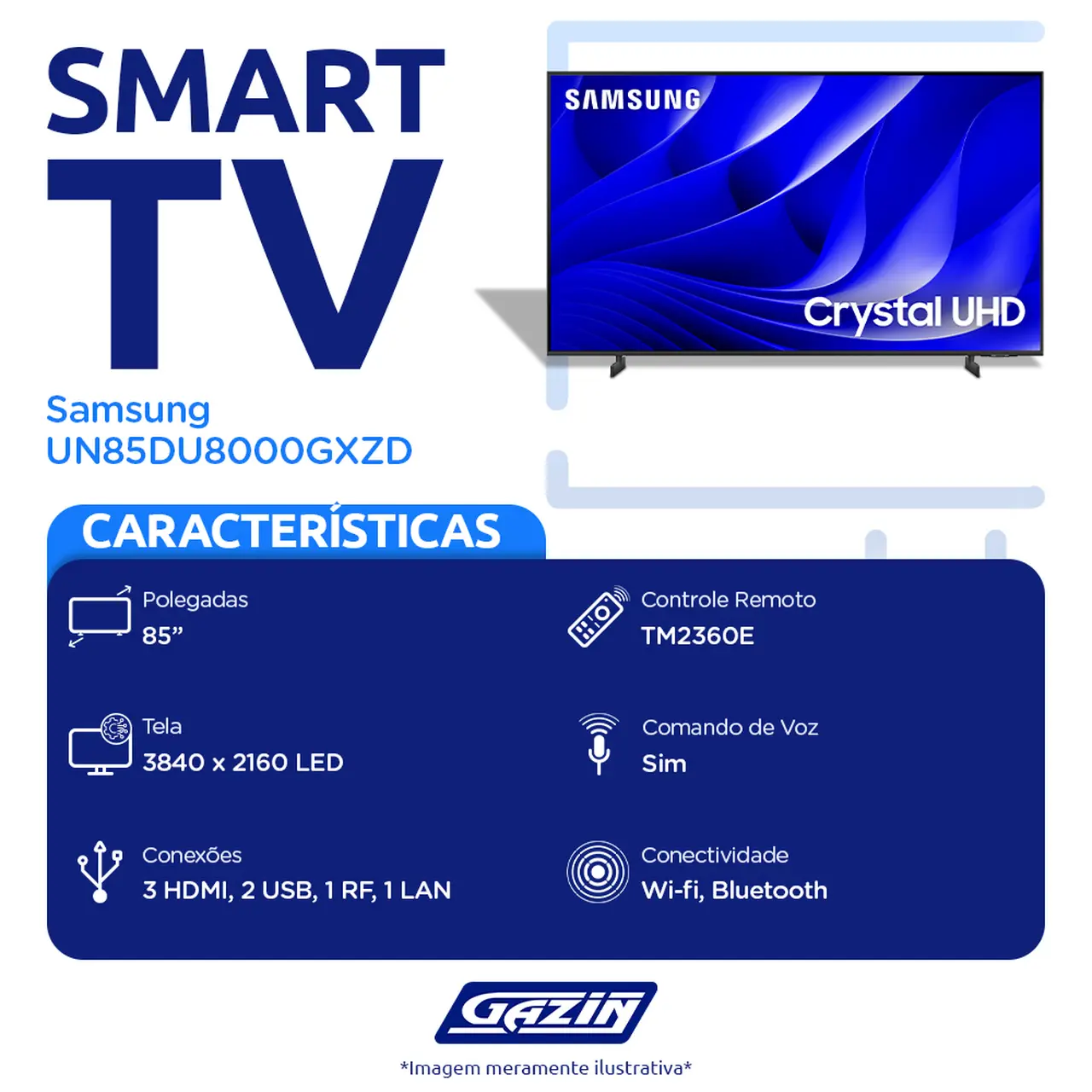 Smart TV Samsung LED 85” 4K Wi-Fi Tizen Comando de Voz UN85DU8000GXZD