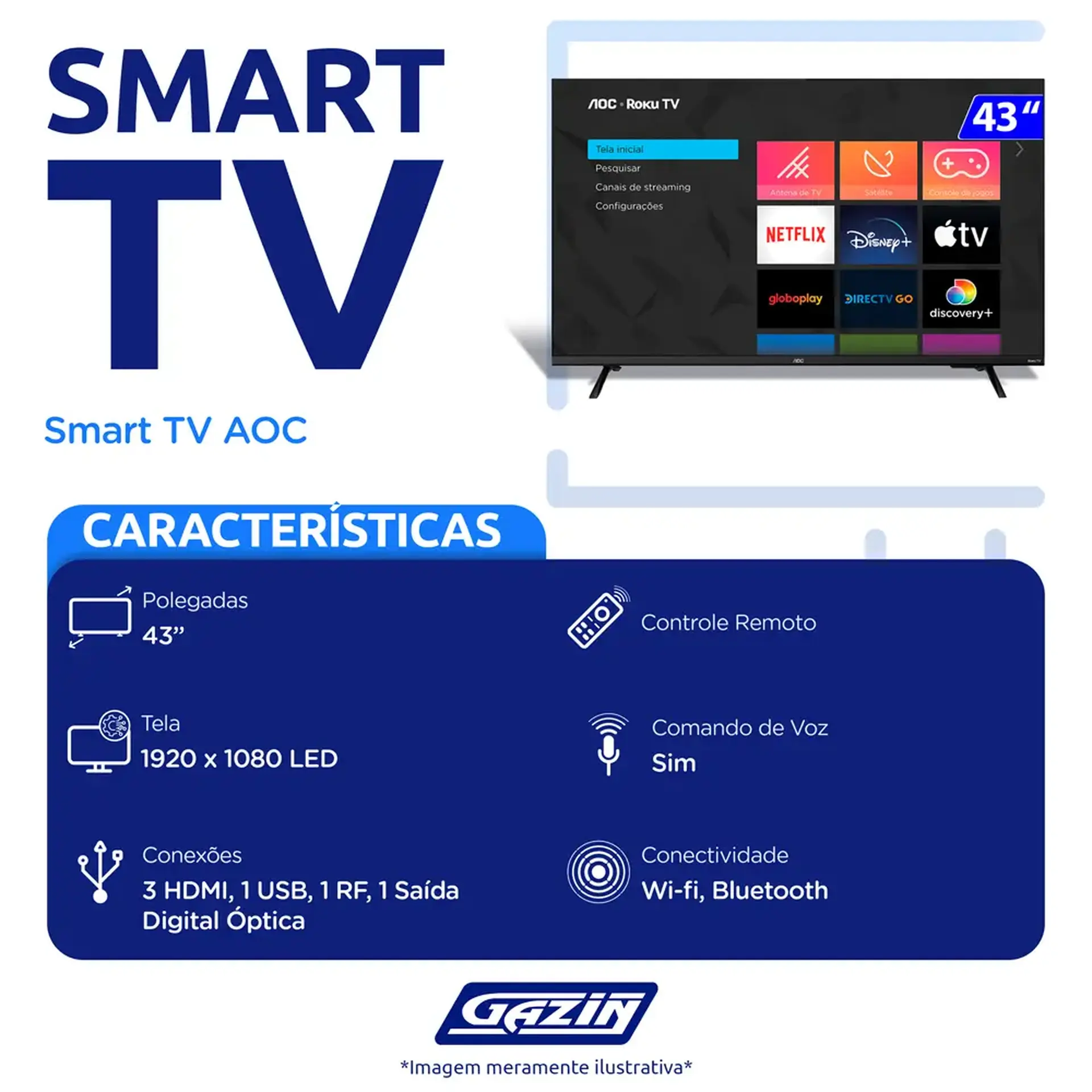 Smart TV AOC LED 43" Full HD Wi-Fi USB HDMI Roku 43S5135/78G